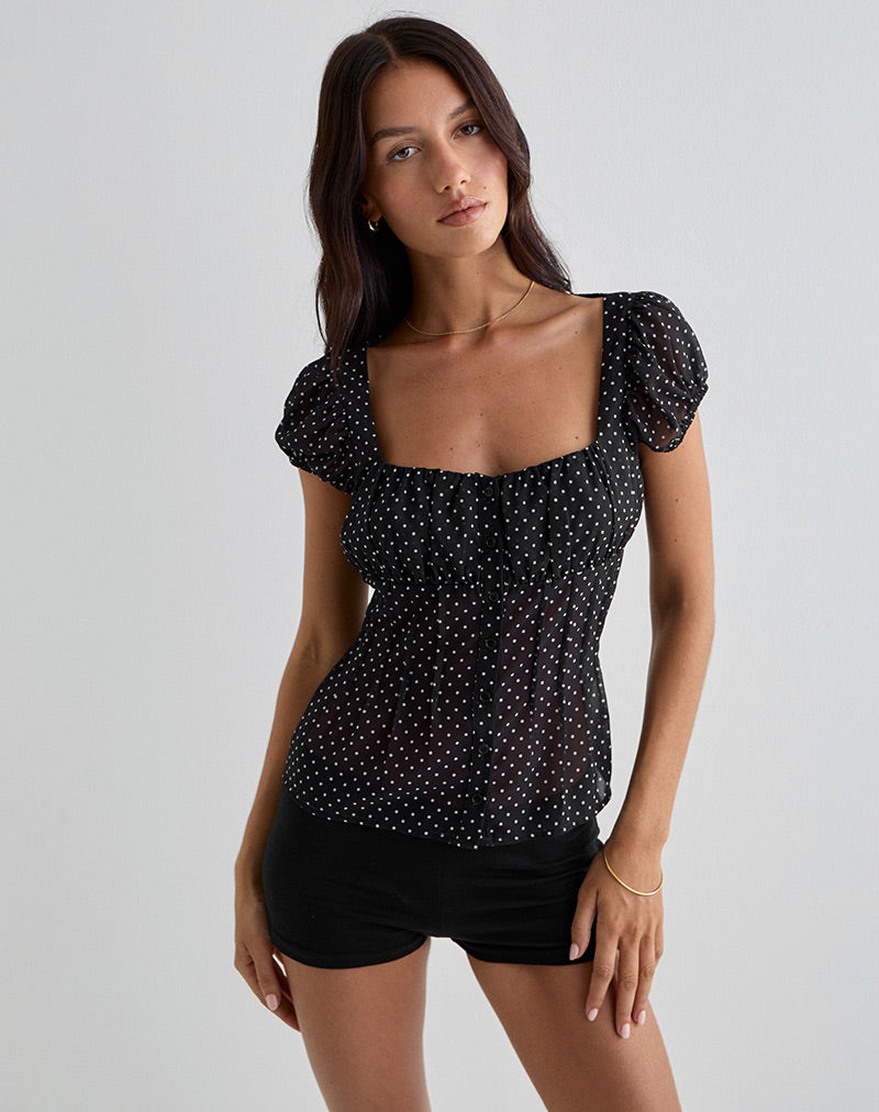 Black Mini Polka Puff Sleeve Blouse | Rolina – motelrocks-com-us