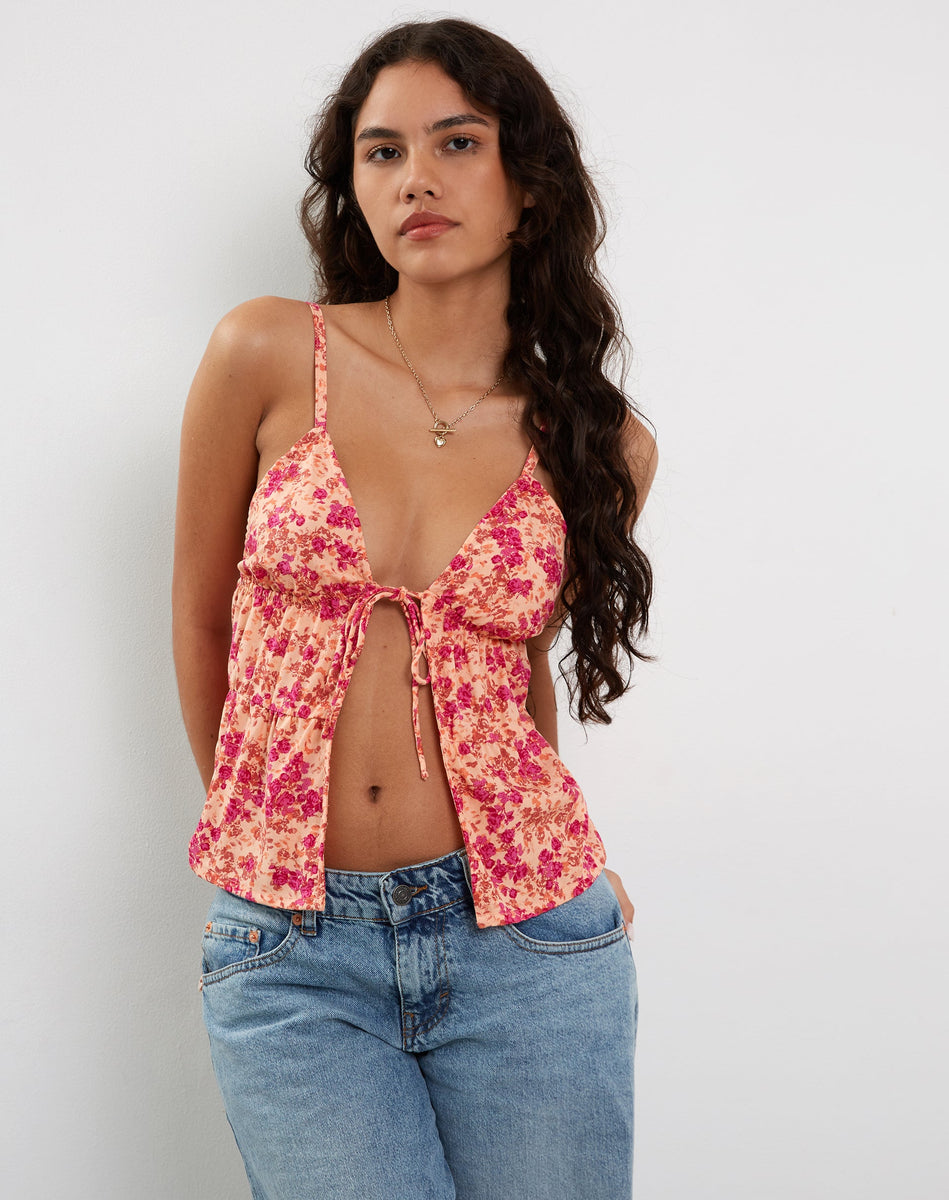 Dark Wild Flower Cantaloupe Tie Front Top | Tezza – motelrocks-com-us