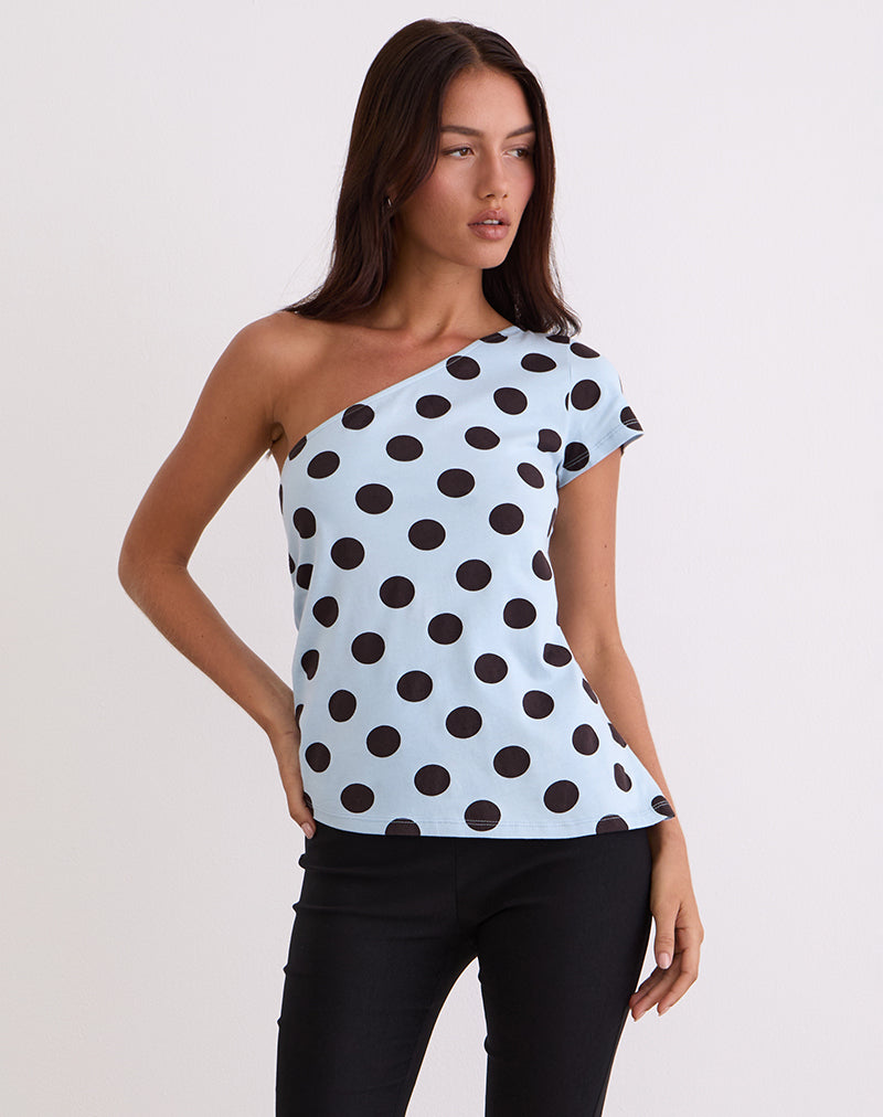 Blue with Brown Polka Dots Asymmetric One Shoulder Tee | Tokiwa – motelrocks-com-us