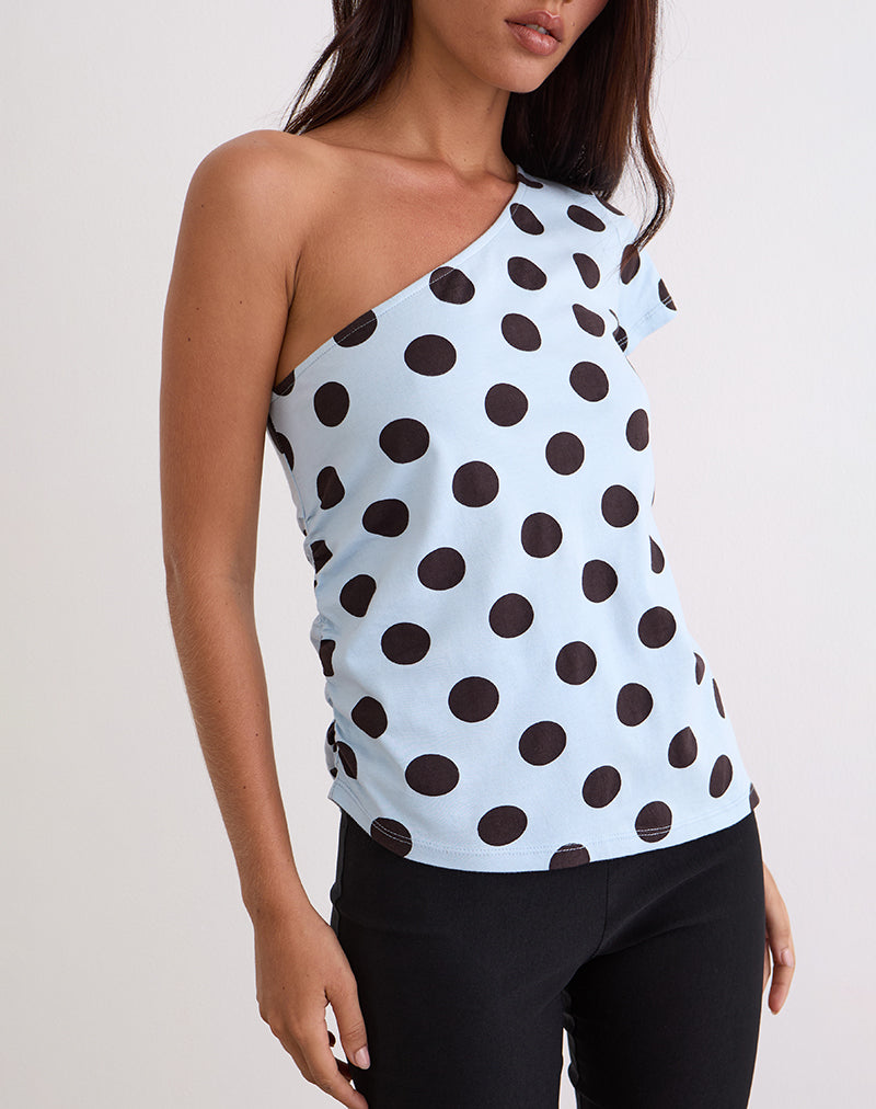 Blue with Brown Polka Dots Asymmetric One Shoulder Tee | Tokiwa – motelrocks-com-us