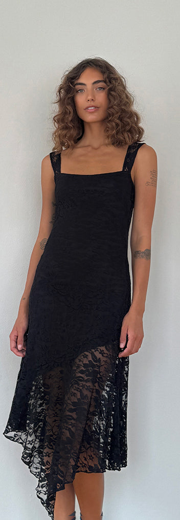Jet Black Floral Lace Asymmetric Midi Dress | Adeliza – motelrocks-com-us