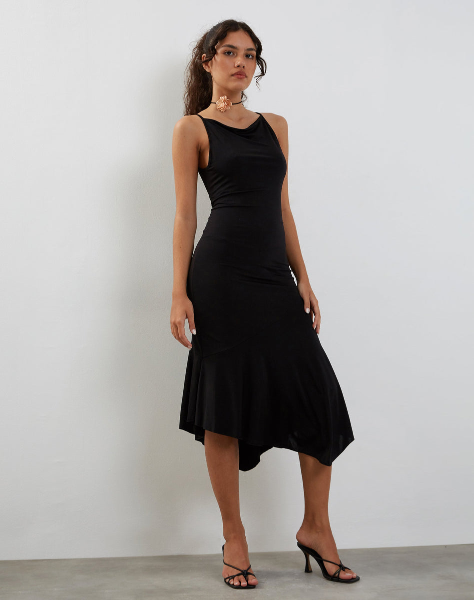 Slinky Black Asymmetric Hem Midi Dress | Adina – motelrocks-com-us