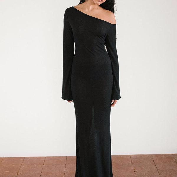 Black Sheer Knit Long Sleeve Asymmetric Maxi Dress Aldiana Motelrocks Com Us