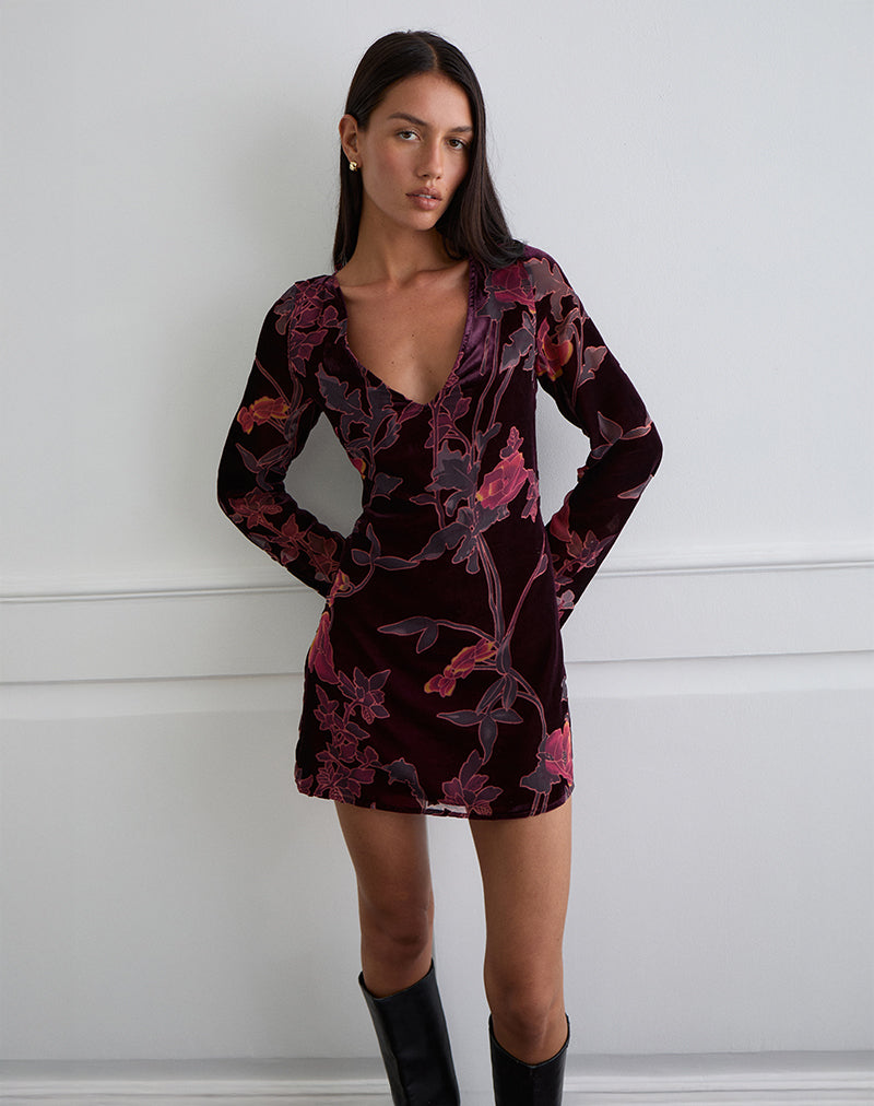 Burgundy Floral Devore Print Mini Dress | Alitra – motelrocks-com-us