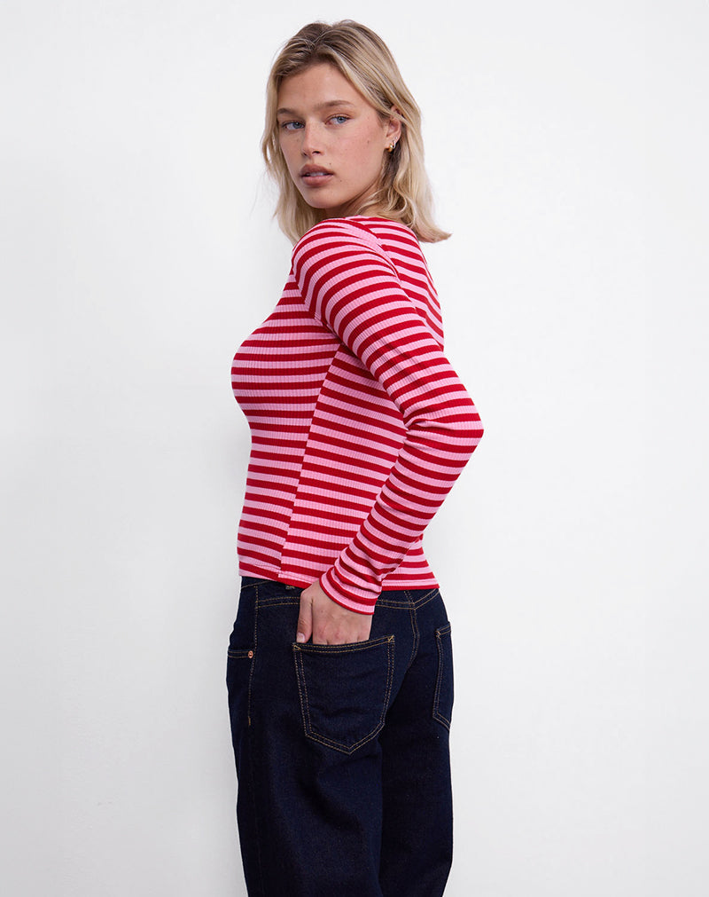 Red and Pink Stripe Long Sleeve Top | Amabon – motelrocks-com-us