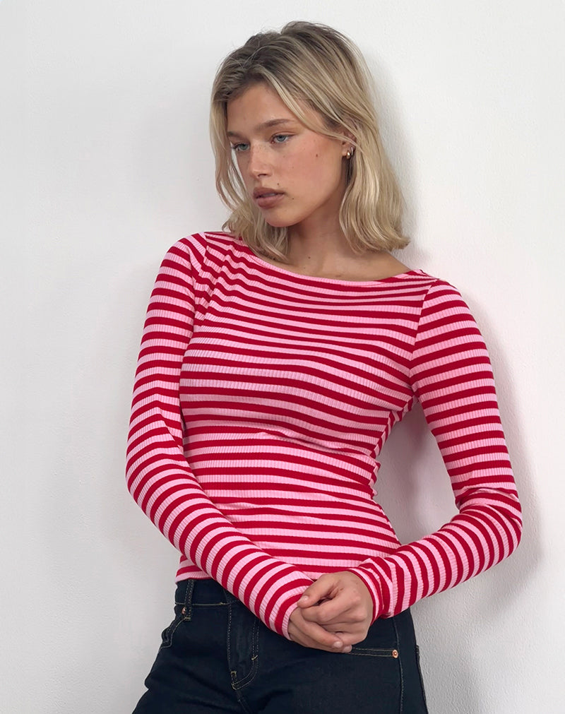 Red and Pink Stripe Long Sleeve Top | Amabon – motelrocks-com-us