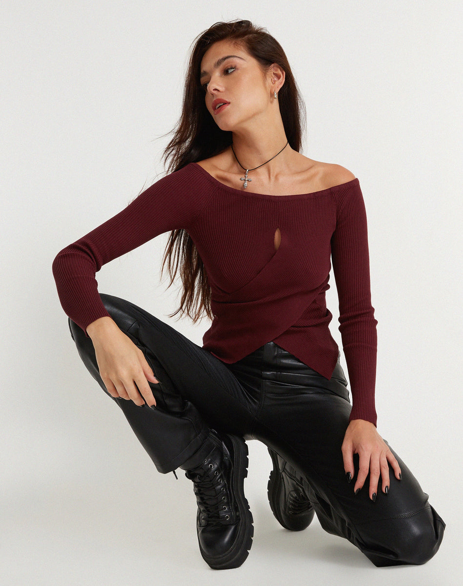 Dark Red Bardot Cross Over Top | Amandari – motelrocks-com-us