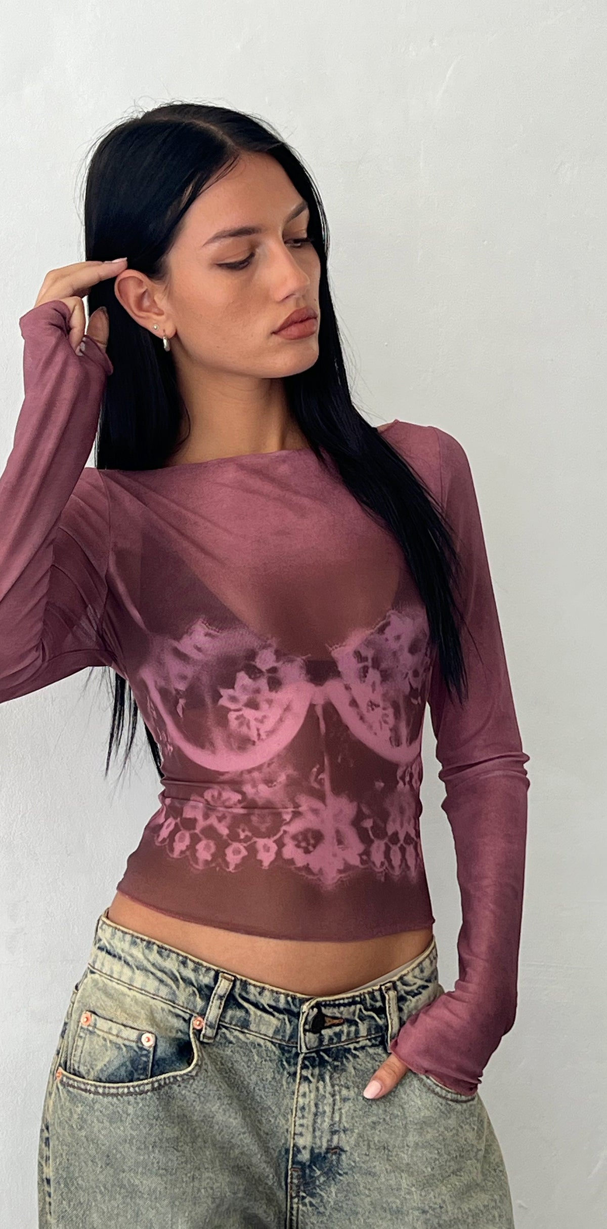 Burgundy with Lace Bra Scan Long Sleeve Top | Armali – motelrocks-com-us