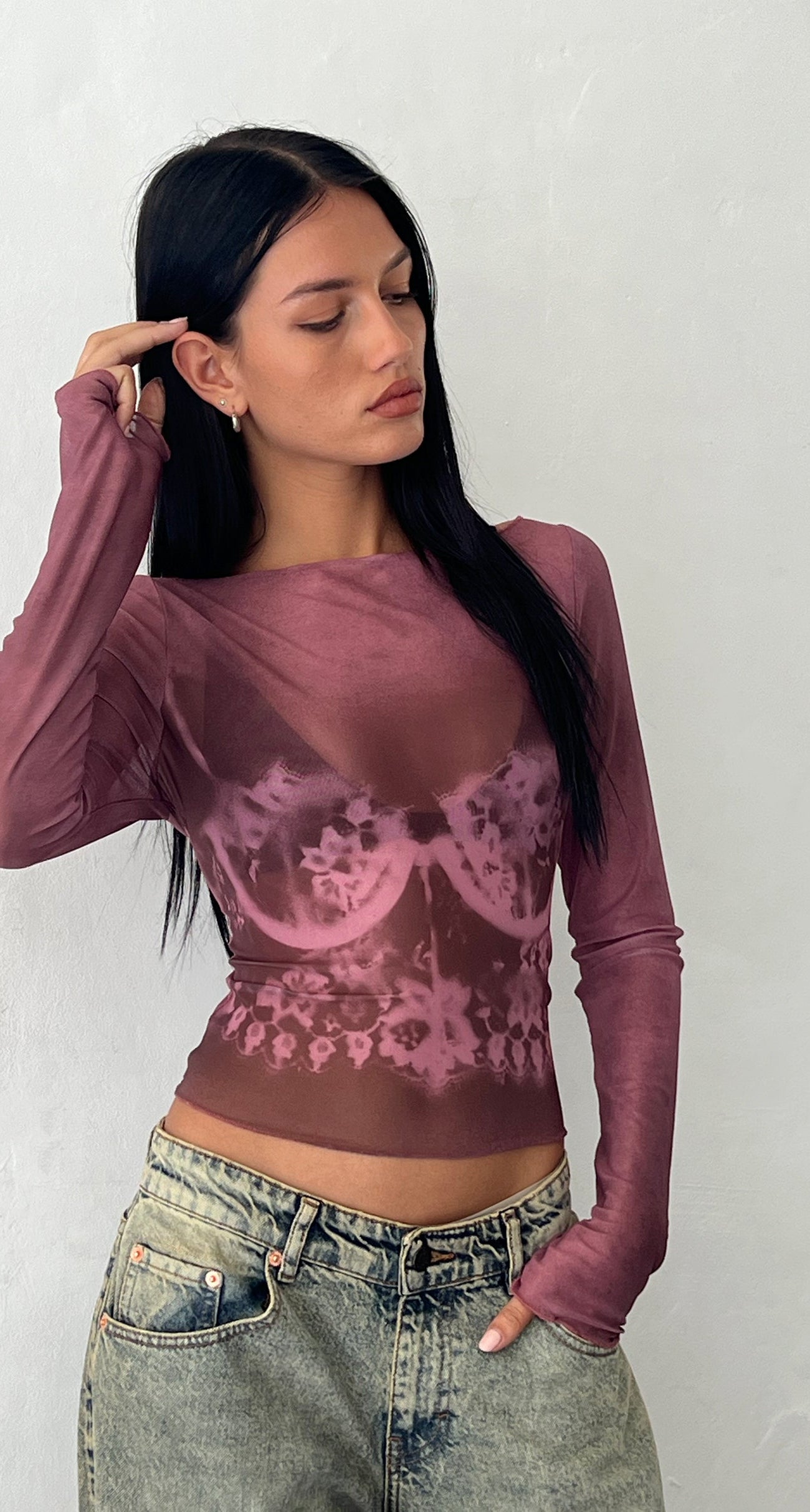 Burgundy with Lace Bra Scan Long Sleeve Top | Armali – motelrocks-com-us