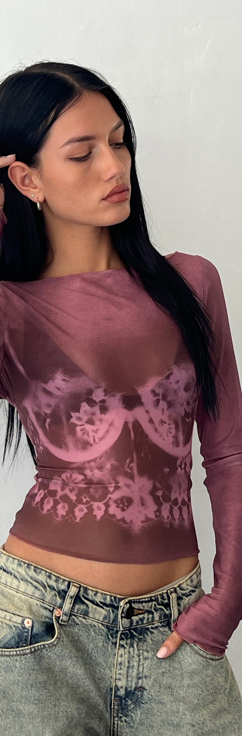 Burgundy with Lace Bra Scan Long Sleeve Top | Armali – motelrocks-com-us