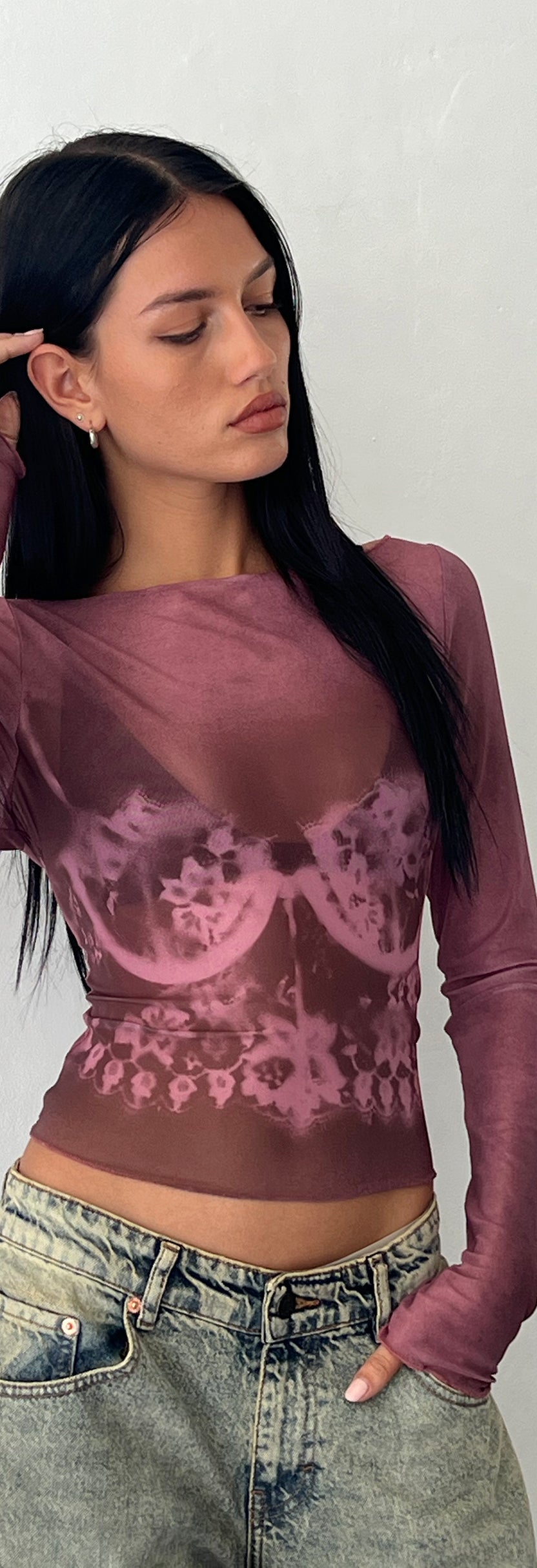 Burgundy with Lace Bra Scan Long Sleeve Top | Armali – motelrocks-com-us