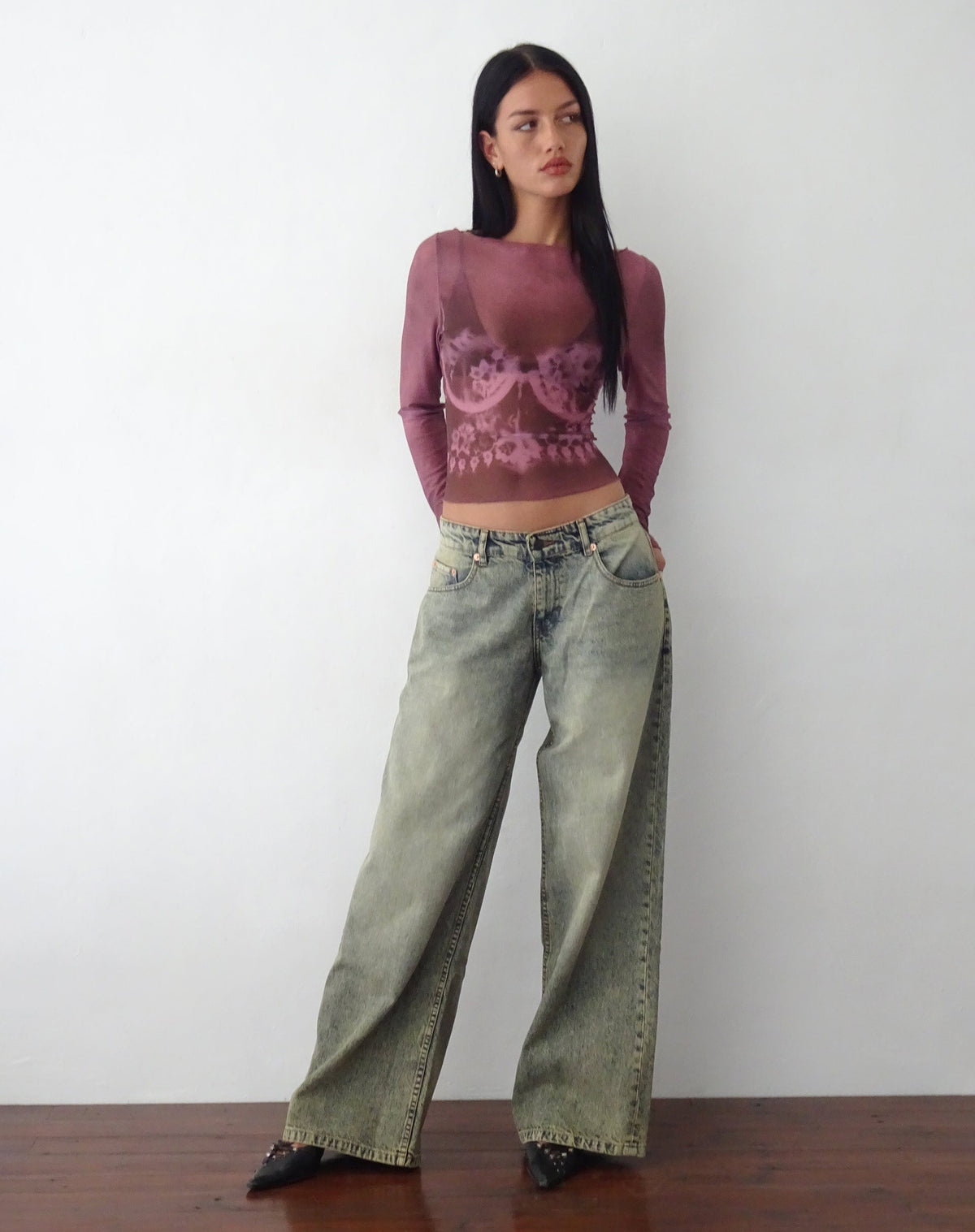 Burgundy with Lace Bra Scan Long Sleeve Top | Armali – motelrocks-com-us