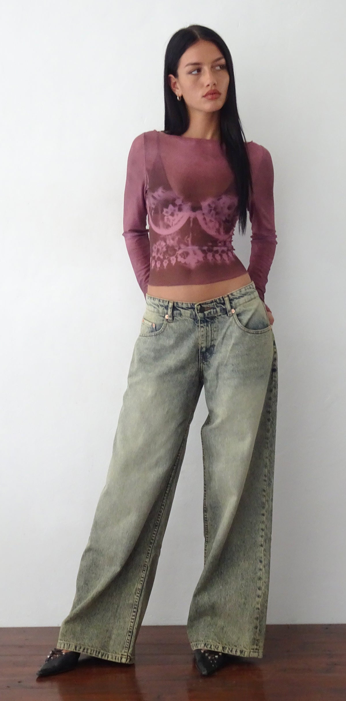 Burgundy with Lace Bra Scan Long Sleeve Top | Armali – motelrocks-com-us