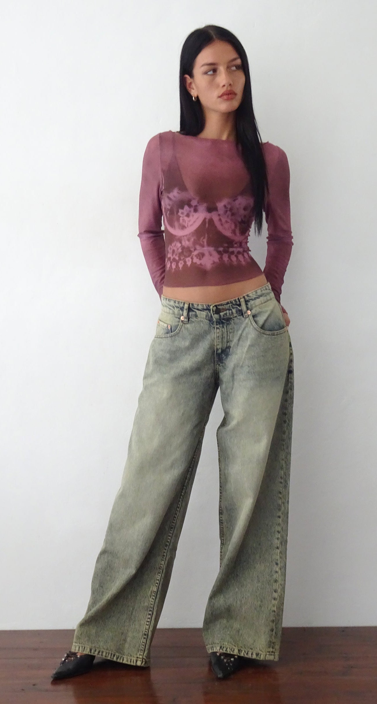 Burgundy with Lace Bra Scan Long Sleeve Top | Armali – motelrocks-com-us