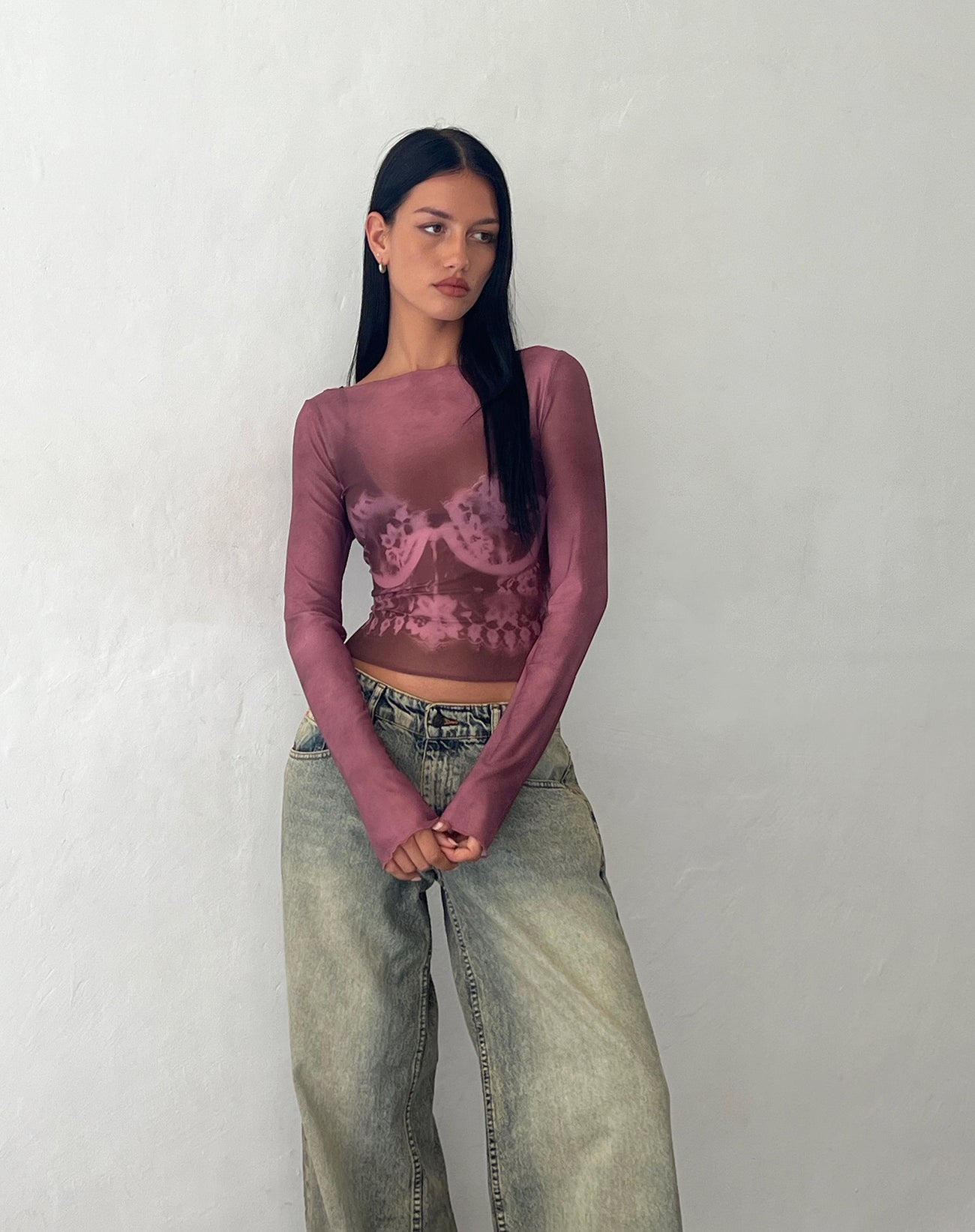 Burgundy with Lace Bra Scan Long Sleeve Top | Armali – motelrocks-com-us