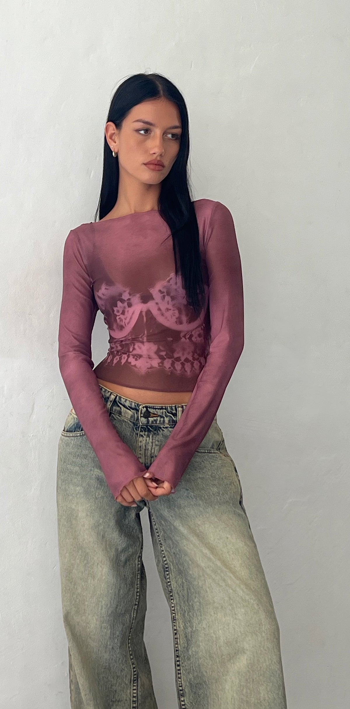 Burgundy with Lace Bra Scan Long Sleeve Top | Armali – motelrocks-com-us