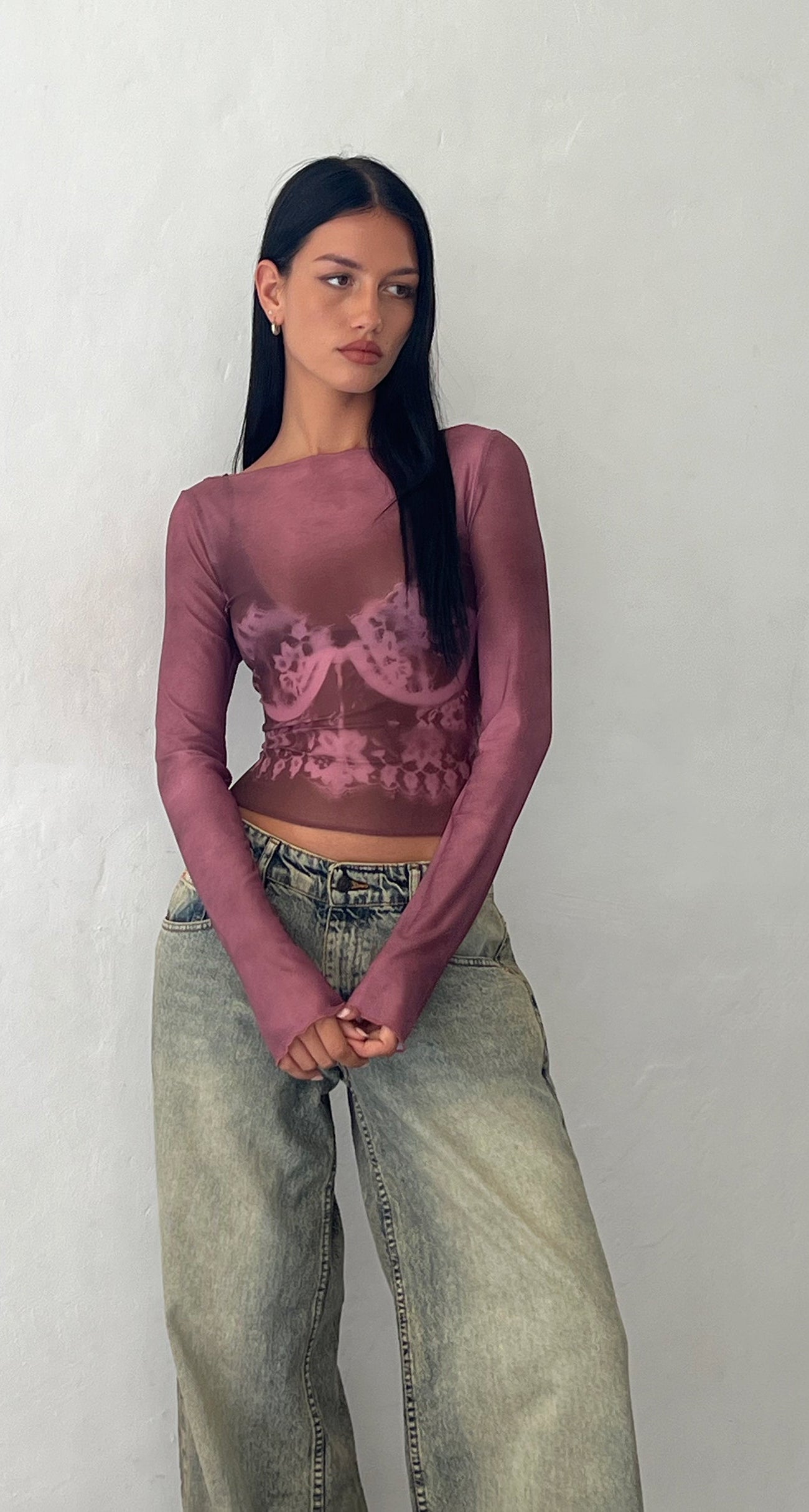 Burgundy with Lace Bra Scan Long Sleeve Top | Armali – motelrocks-com-us