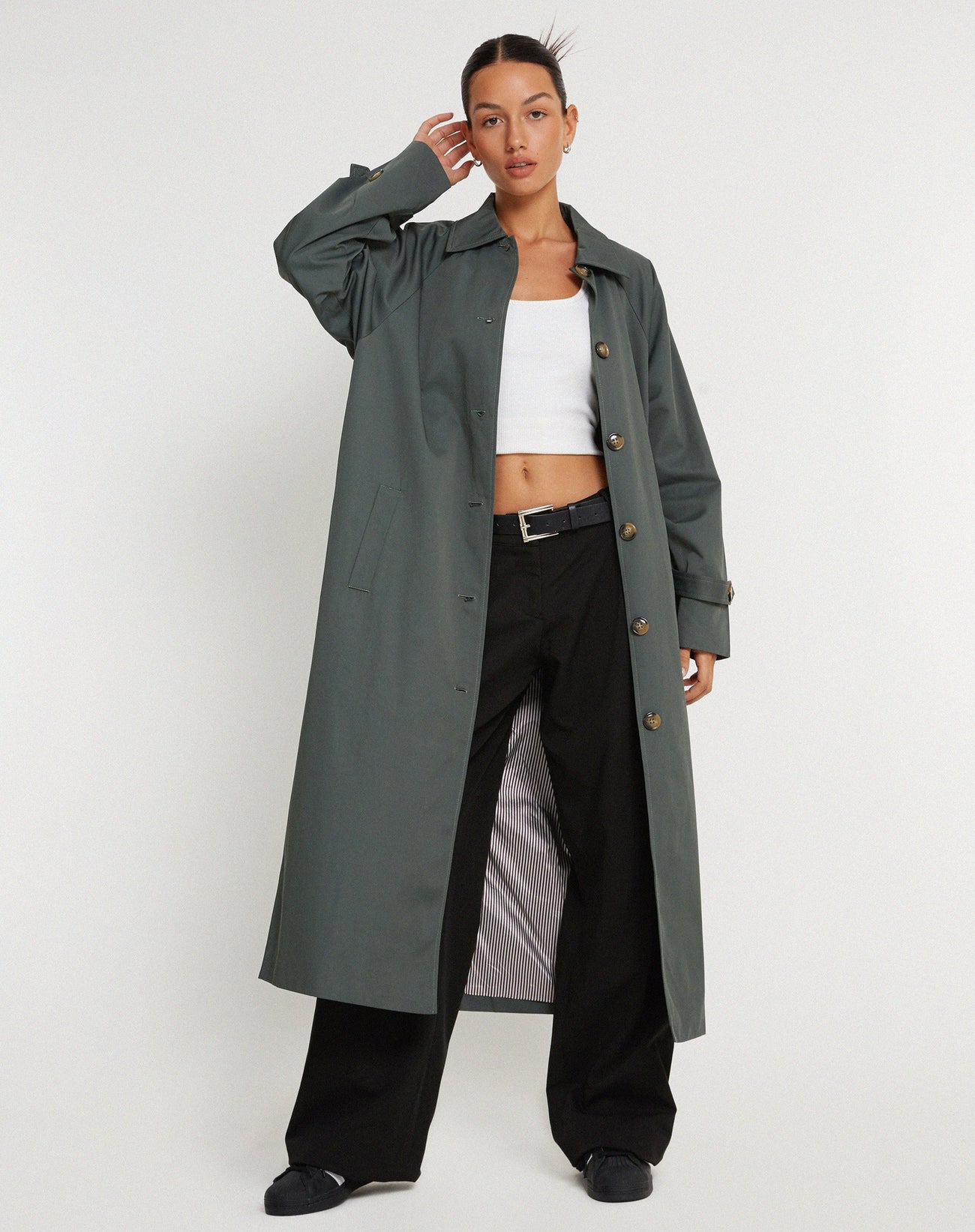 Charcoal Grey Longline Trench Coat | Assa – motelrocks-com-us