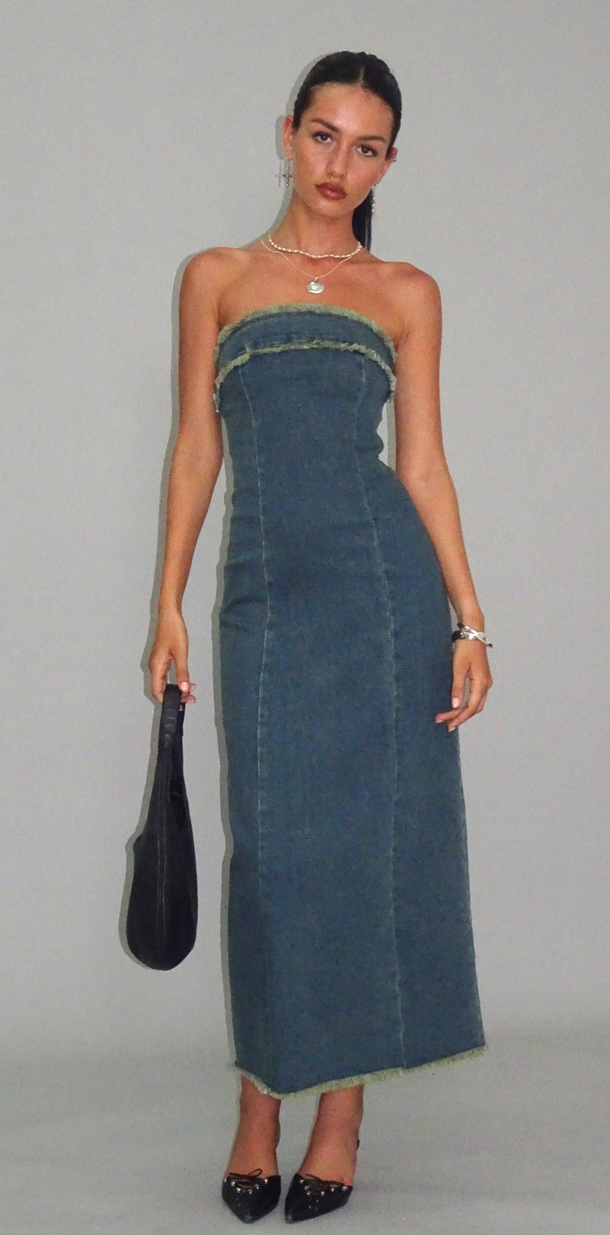 Brown Blue Acid Wash Denim Bandeau Maxi Dress | Atun – motelrocks-com-us