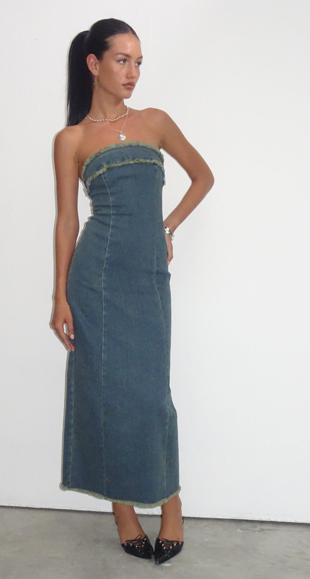 Brown Blue Acid Wash Denim Bandeau Maxi Dress | Atun – motelrocks-com-us