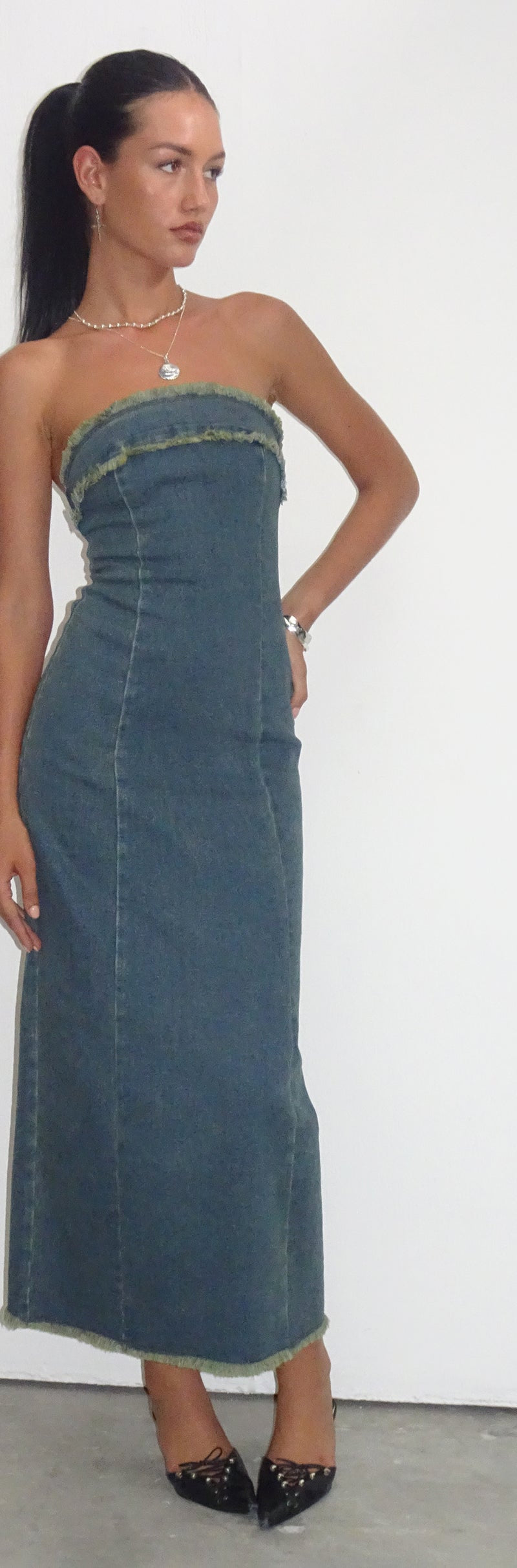 Brown Blue Acid Wash Denim Bandeau Maxi Dress | Atun – motelrocks-com-us