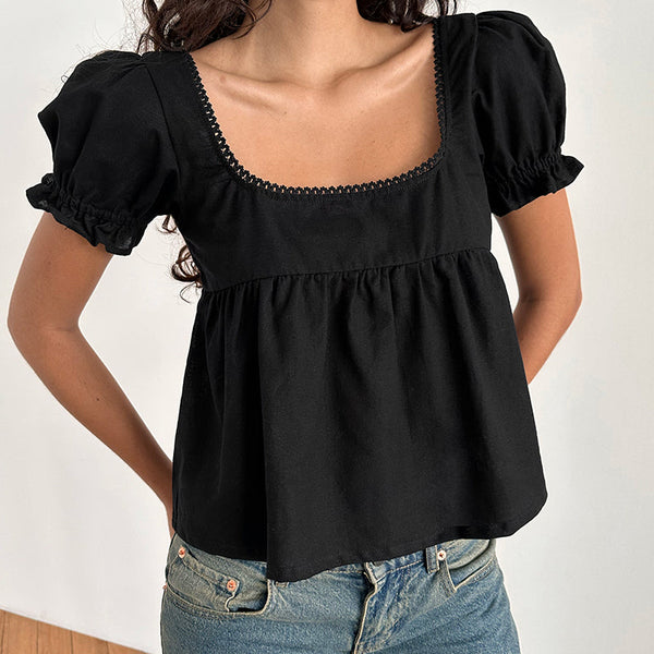 Black Linen Square Neck Blouse | Axoni – motelrocks-com-us