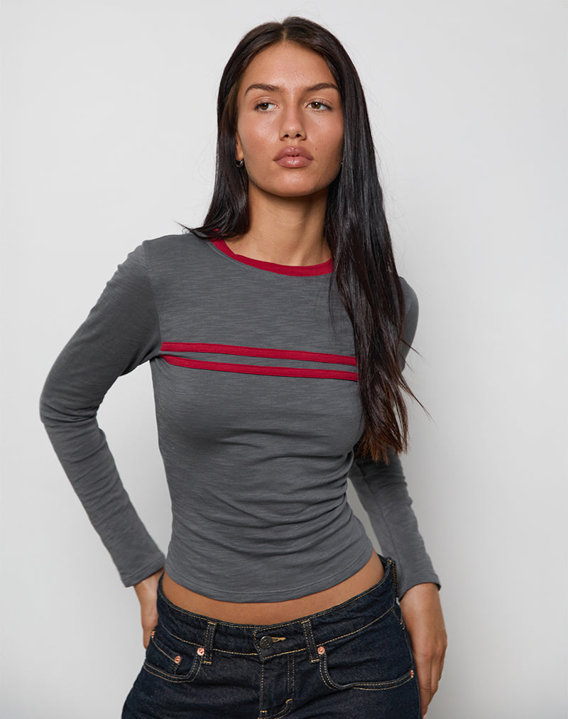 Grey Long Sleeve Top with Adrenaline Red Binding | Bonjita – motelrocks ...