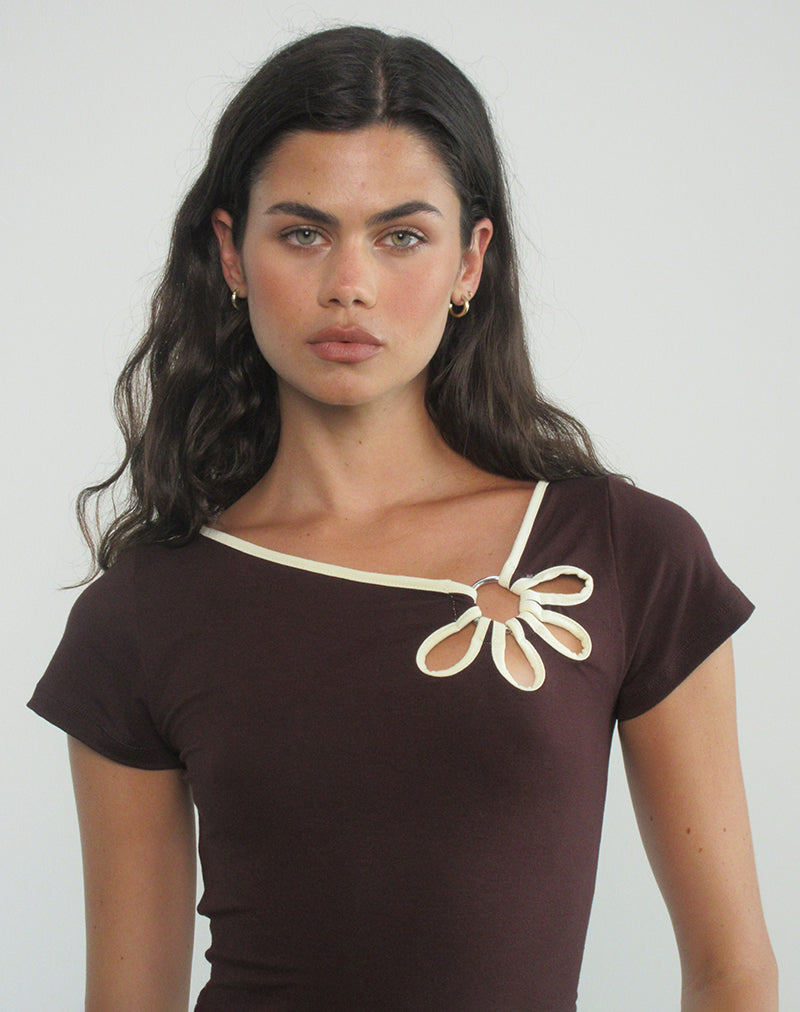 Brown with Lemon Binding Cut Out Flower Top | Bunga – motelrocks-com-us