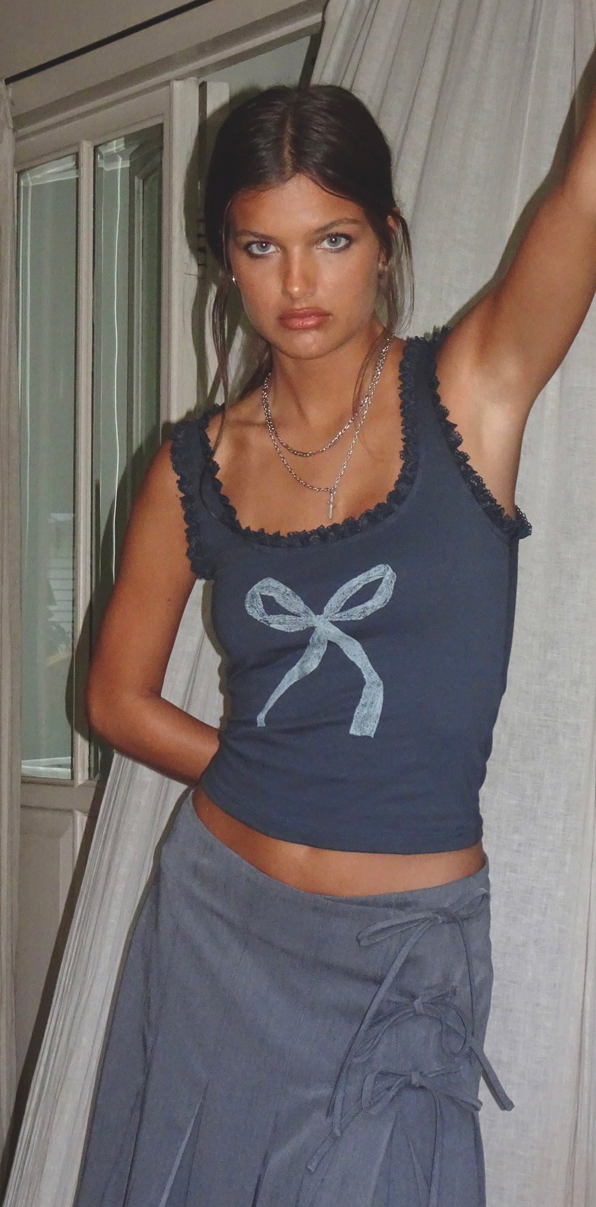 Ocean Storm Bow Print Lace Trim Vest Top | Carillo – motelrocks-com-us