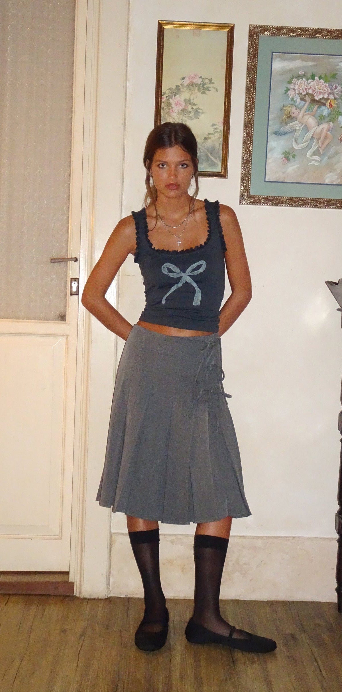 Ocean Storm Bow Print Lace Trim Vest Top | Carillo – motelrocks-com-us