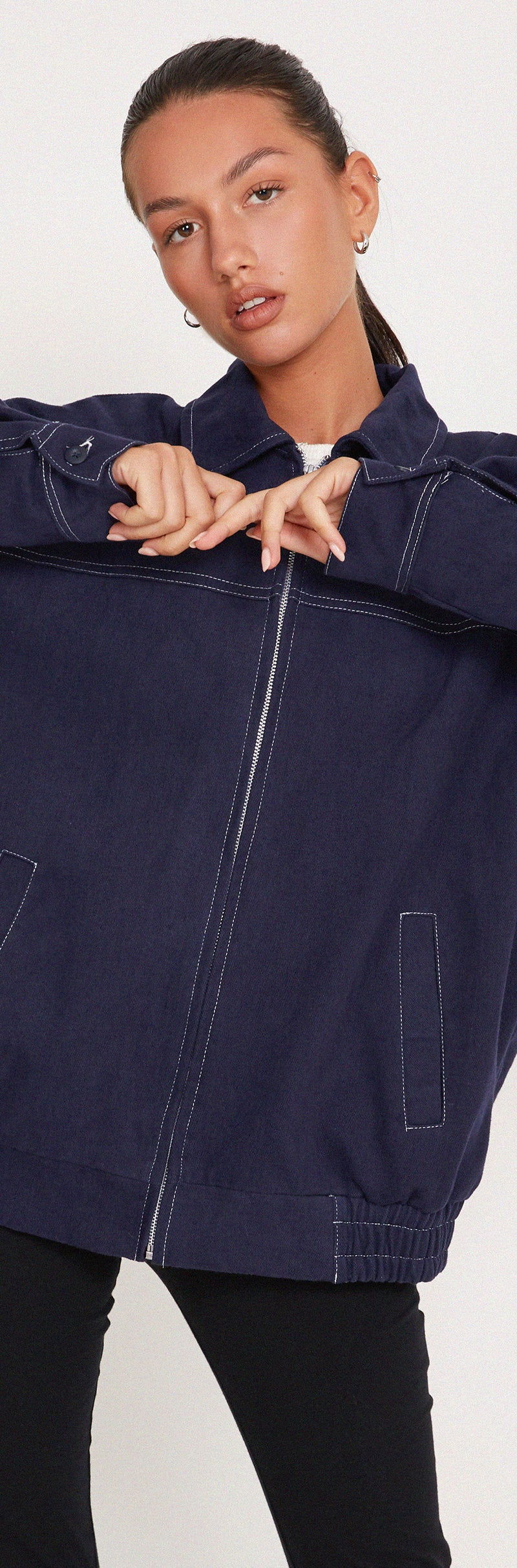 Deep Blue with White Top Stitch Jacket | Cavitana – motelrocks-com-us