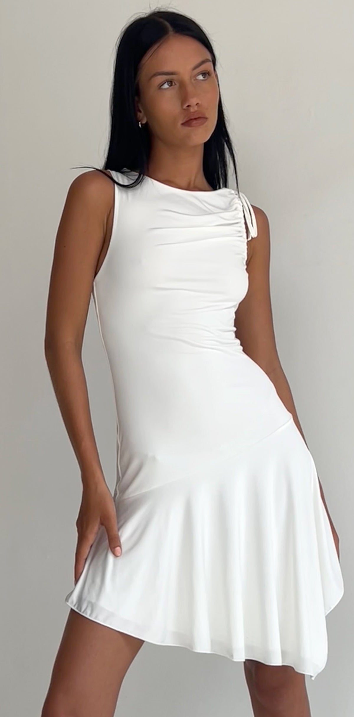 Slinky Ivory Waterfall Hem Mini Dress | Chaya – motelrocks-com-us