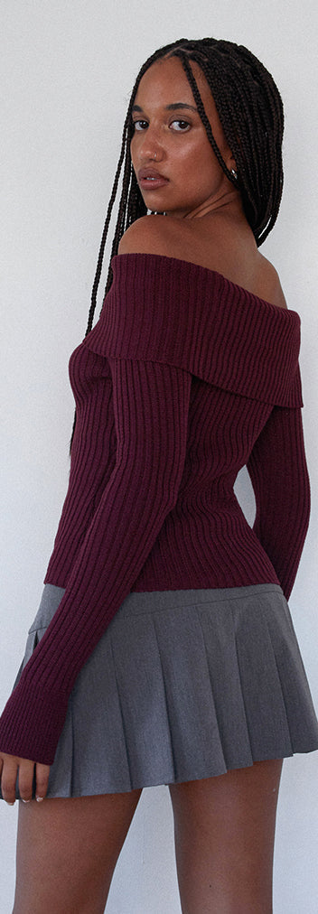 Burgundy Knitted Bardot Jumper | Circe – motelrocks-com-us