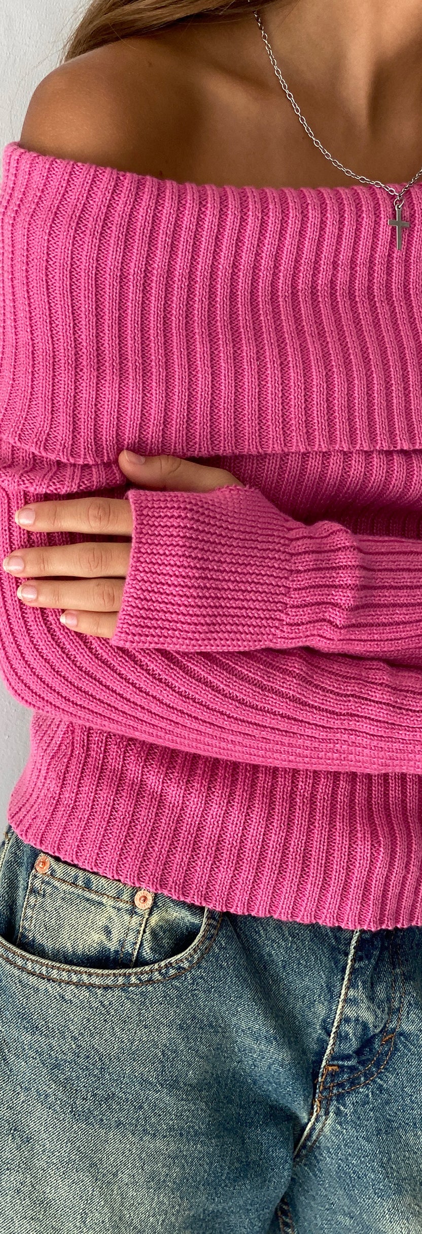 Hot Pink Off-Shoulder Long Sleeve Knit Top | Circe – motelrocks-com-us