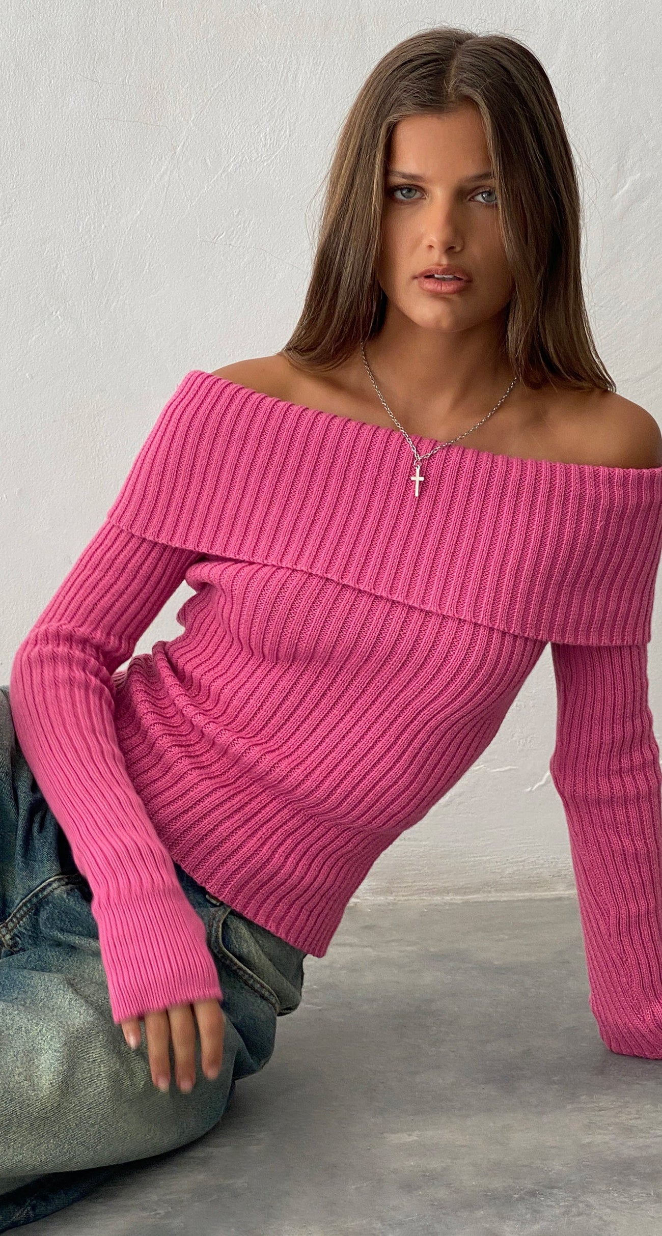 Hot Pink Off-Shoulder Long Sleeve Knit Top | Circe – motelrocks-com-us