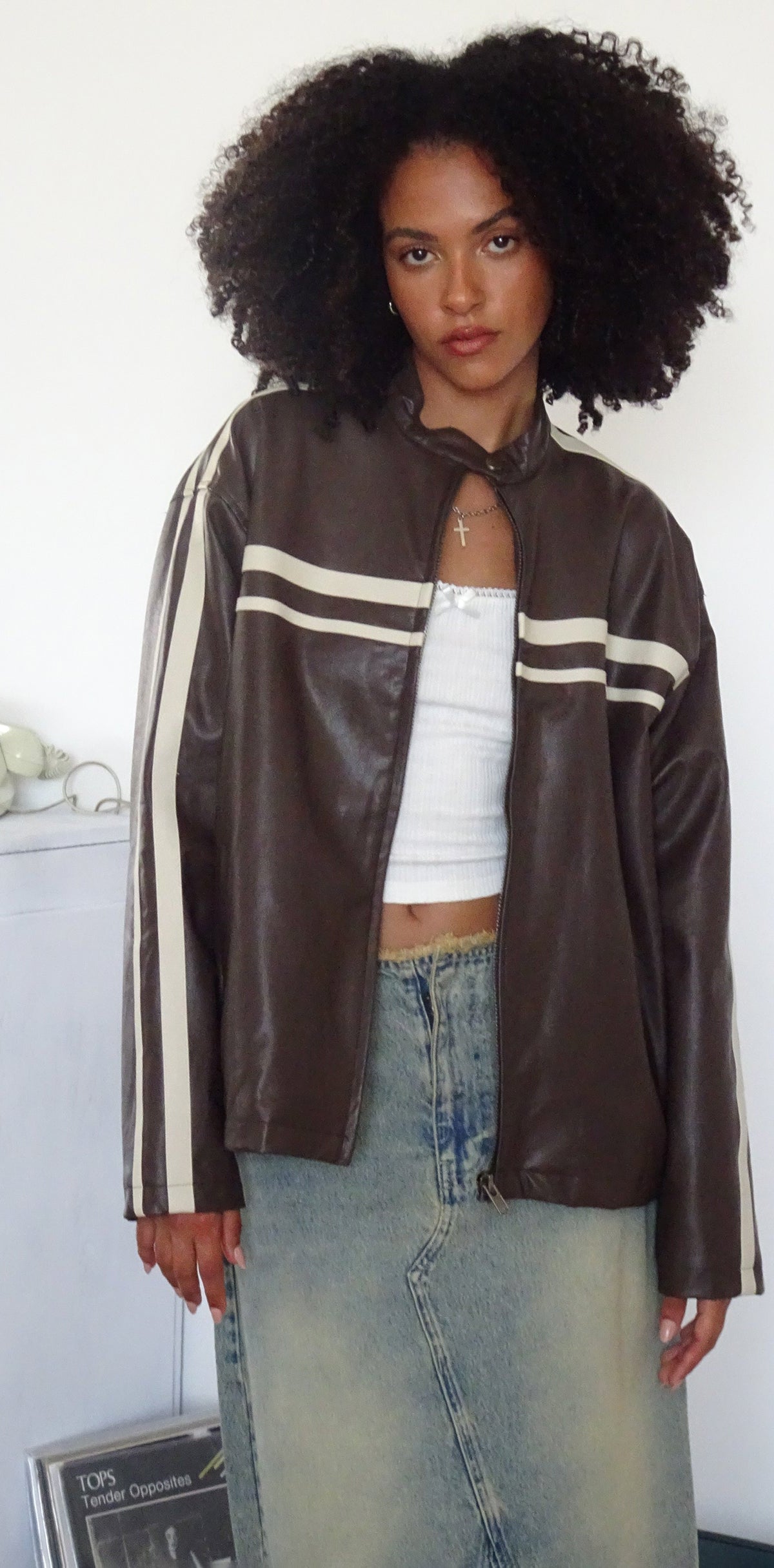 PU Chocolate with Ivory Stripe Jacket | Colton – motelrocks-com-us