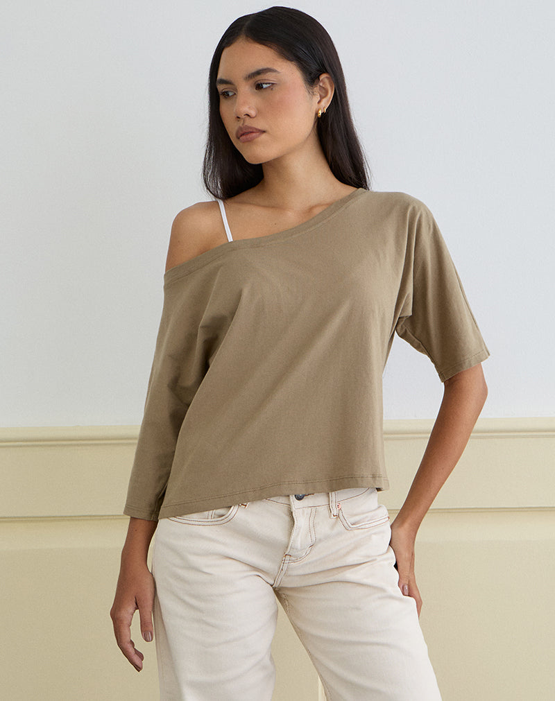 Khaki Jersey Off The Shoulder Short Sleeve Slouchy Tee | Daimin ...