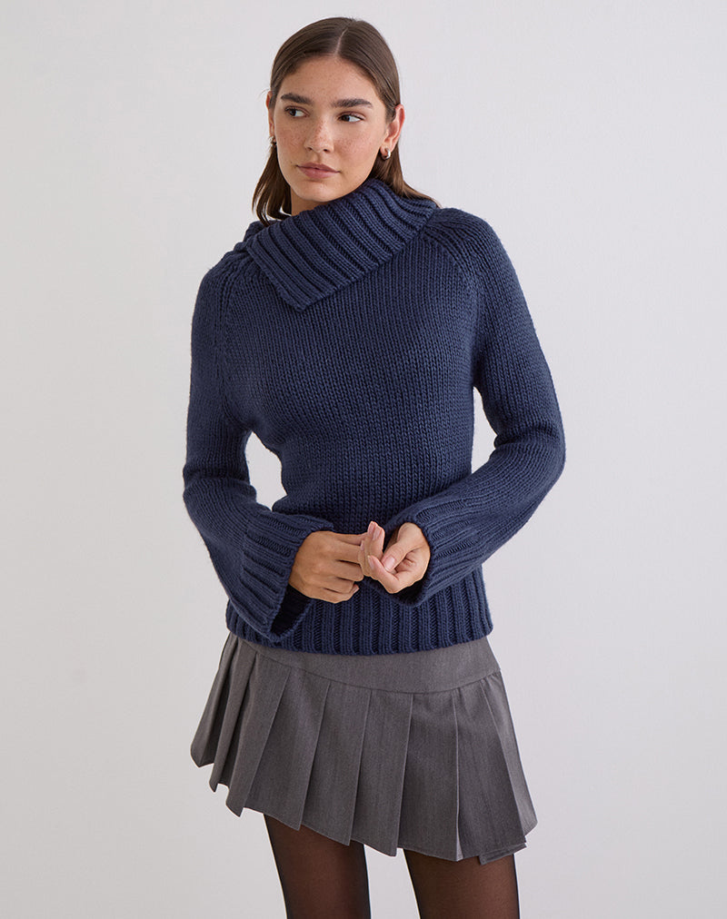 Navy Thick Knit Fold Over Collar Ribbed Jumper | Dajah – motelrocks-com-us