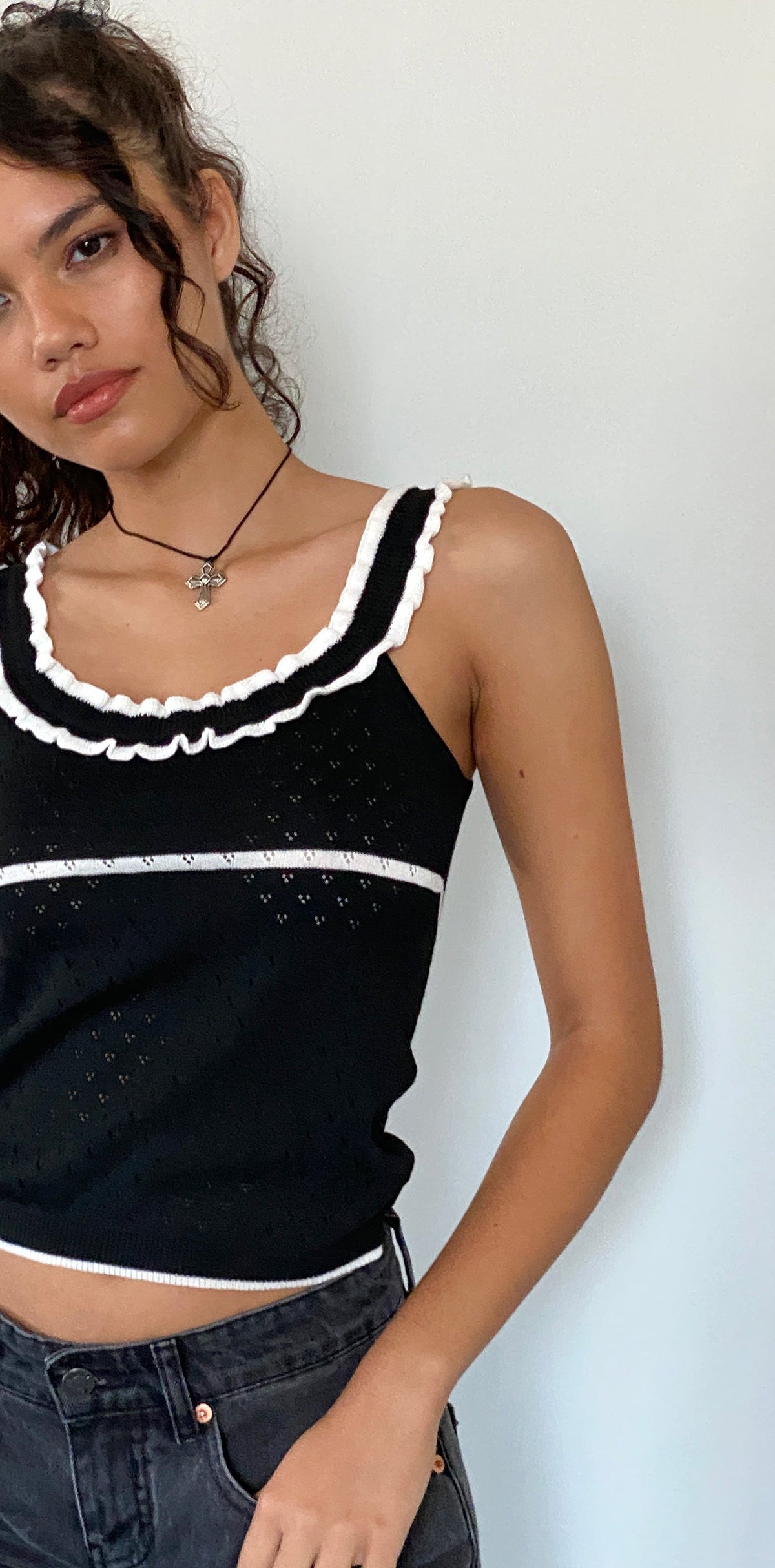 Black with White Tipping Pointelle Top | Darcie – motelrocks-com-us
