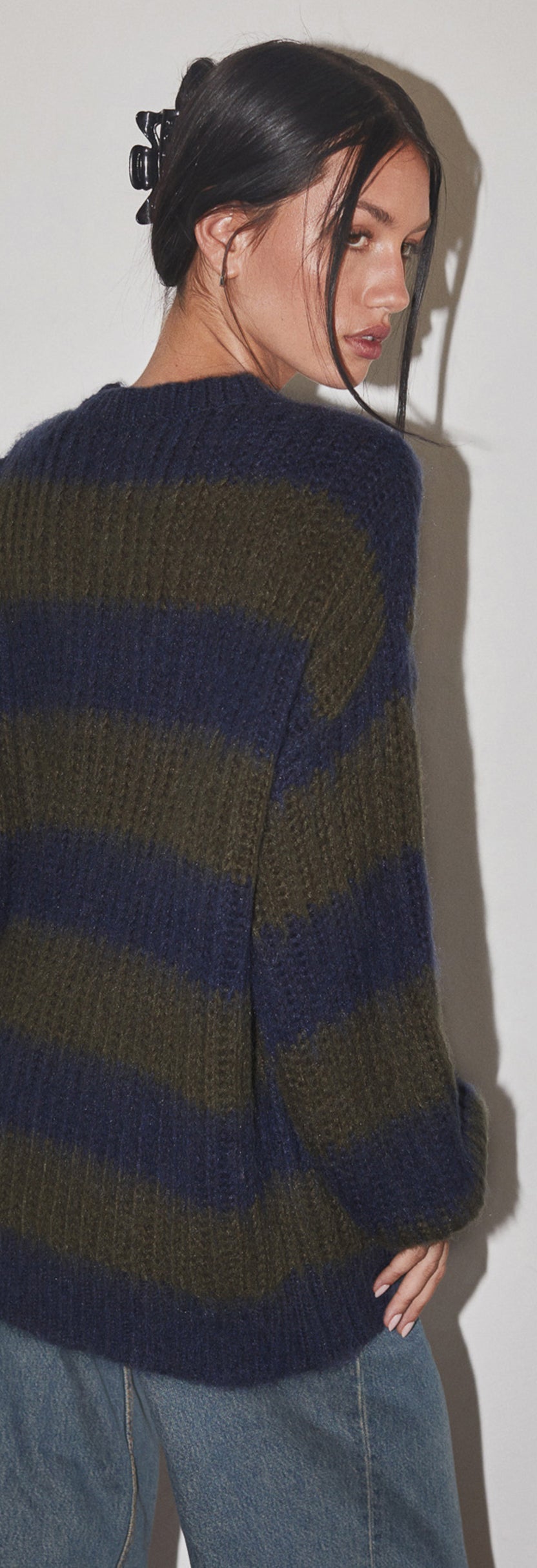 Khaki and Navy Blue Striped Jumper | Daren – motelrocks-com-us