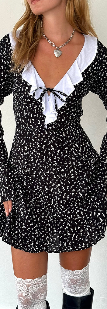 Black Ditsy Romance Long Sleeve Mini Dress | Darira – motelrocks-com-us