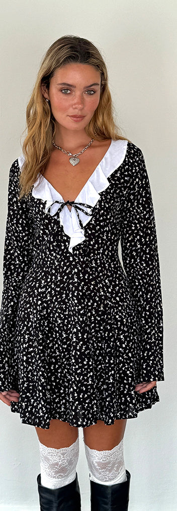 Black Ditsy Romance Long Sleeve Mini Dress | Darira – motelrocks-com-us
