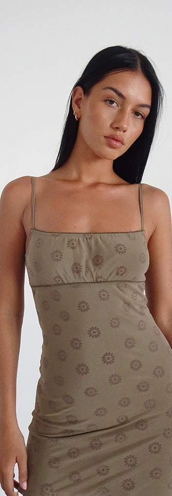 Light Brown Daisy Flock Maxi Dress | Darsih – motelrocks-com-us