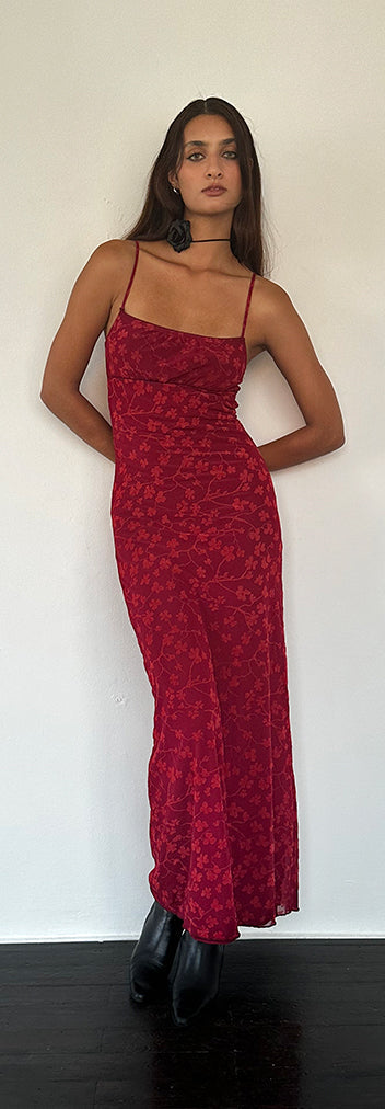 Red Grunge Floral Flock Cami Maxi Dress | Darsih – motelrocks-com-us