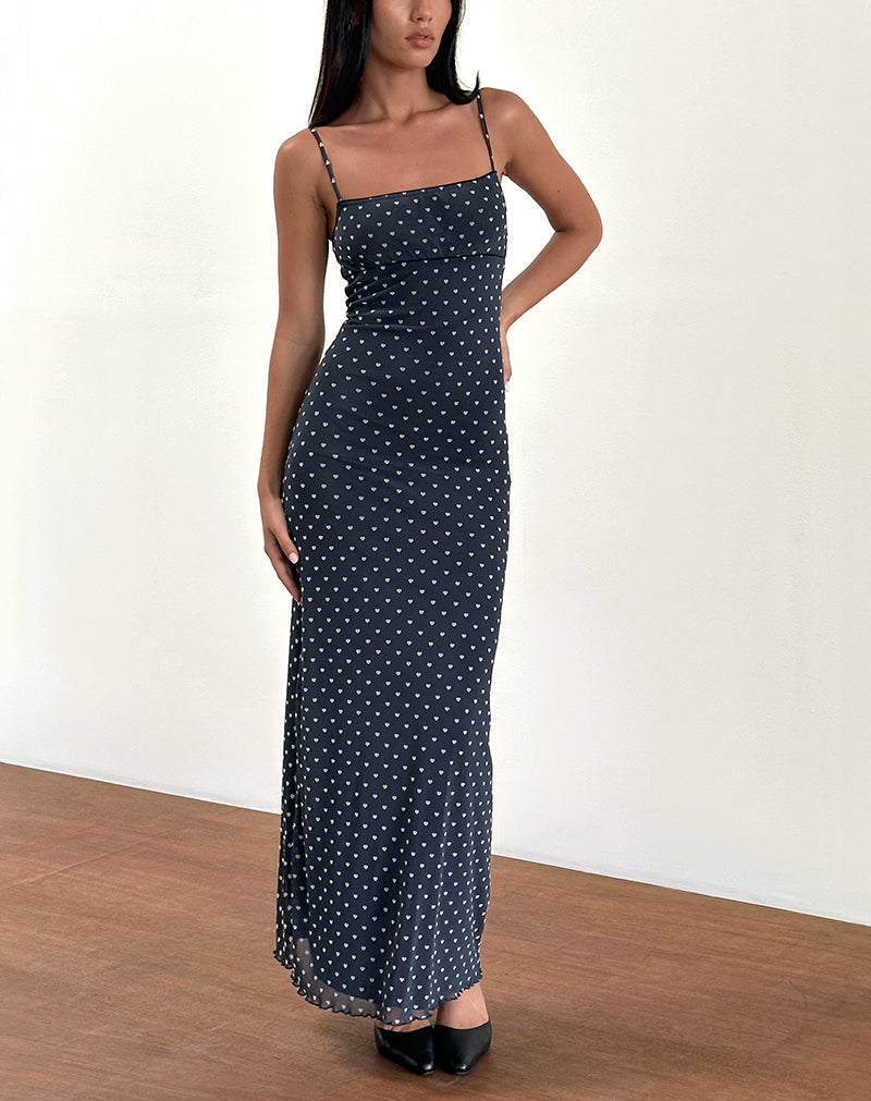 Navy and Yellow Heart Flock Maxi Dress | Darsih – motelrocks-com-us