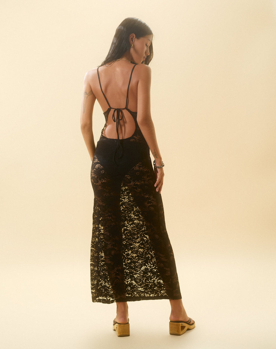 Jet Black Tie Back Lace Maxi Dress | Daudy – motelrocks-com-us