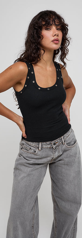 Black Eyelet Ribbed Vest Top | Dax – motelrocks-com-us