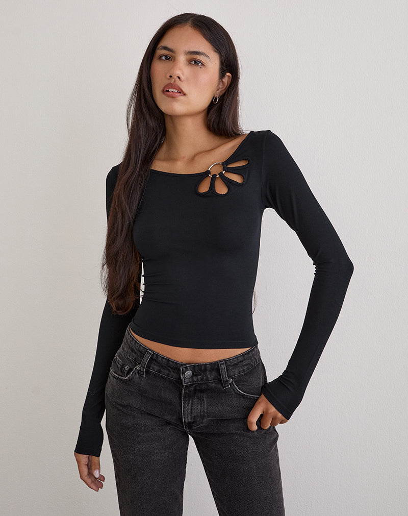Black Long Sleeve Top with Flower Ring | Donela – motelrocks-com-us