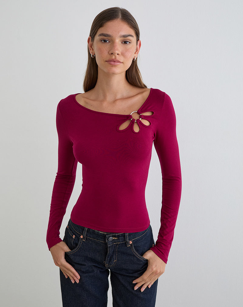 Burgundy Long Sleeve Top with Flower Ring | Donela – motelrocks-com-us