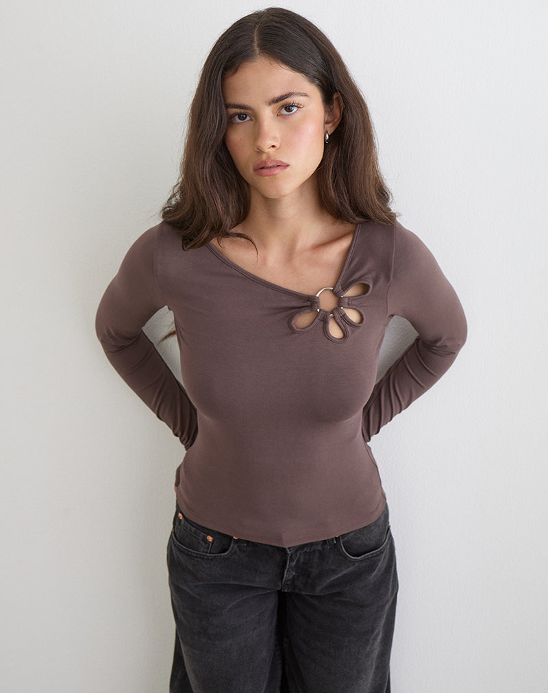 Brown Coffee Quartz Long Sleeve Top with Flower Ring | Donela ...